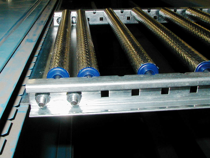Photos of RhinoTrac Carton Flow Rack full-width conveyor style rollers