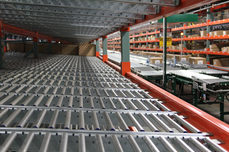 Photos of RhinoTrac Carton Flow Rack full-width conveyor style rollers