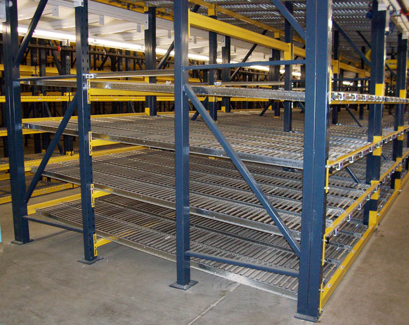 Photos of RhinoTrac Carton Flow Rack full-width conveyor style rollers